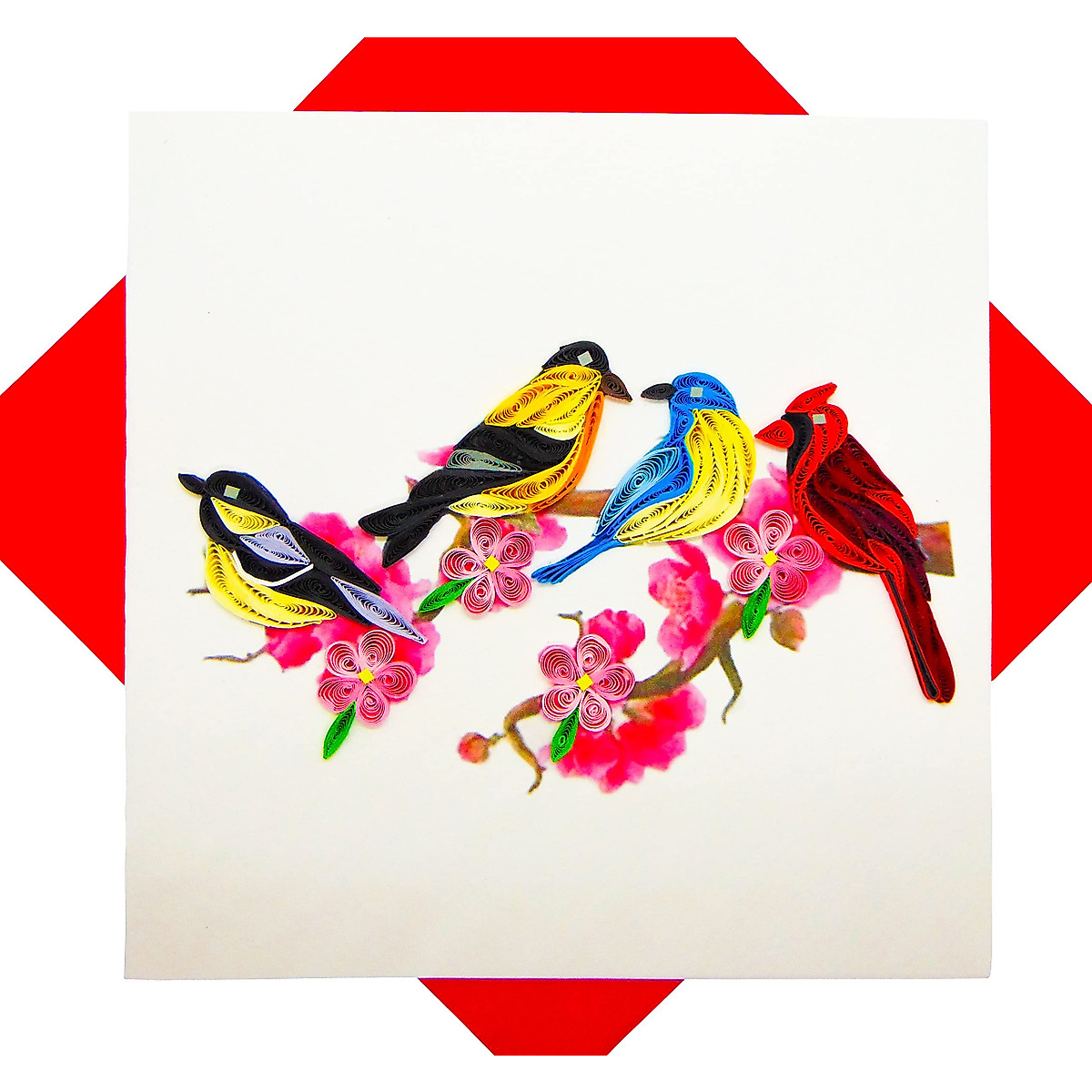 Four Colorful Birds sitting in a tree, Quilling Card 3D,Unique Dedicated Handmade, Design Greeting Card for Birthday, Valentine's Day, Mothers Day, Spring, Fathers Day, All Occasion,6"x6"