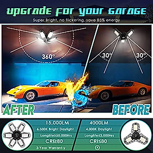 150W Motion Sensor Garage Lights 2 Pack 15000lm Garage Lighting Ultra Bright Motion Activated Garage Light Bulbs with 6 Adjustable Panels Shop Light for Garage Attic Warehouse Workshop Basement