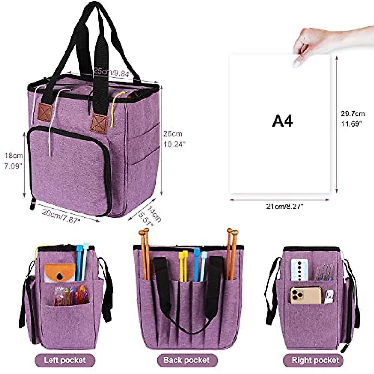 Coopay Yarn Bag Knitting Tote Bag, Portable Yarn Tote Organizer Sewing Basket for Crochet Hook Set, Knitting Needles, Crocheting Project, Skein and Sewing Supplies - No Accessories(Elegant Purple)