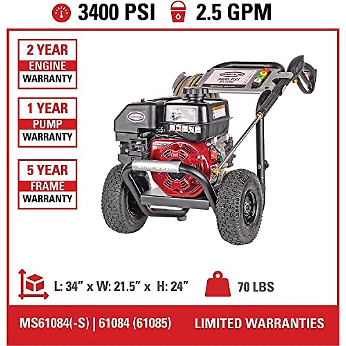 Simpson Cleaning MS61085 MegaShot 3400 PSI Gas Pressure Washer, 2.5 GPM, Kohler SH270, Includes Spray Gun and Extension Wand, 5 QC Nozzle Tips, 5/16-in. x 25-ft. MorFlex Hose, Black