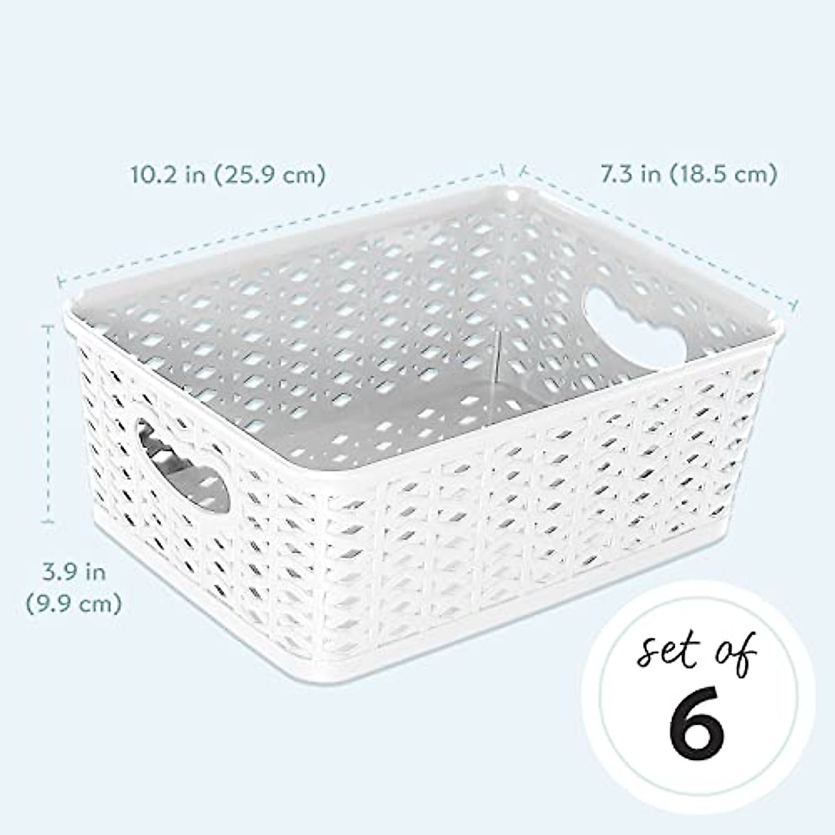 LARQUE Plastic Storage Bins, 6 Pack, 10.2 in x 7.3 in x 3.9 in - Small Weave Organization and Storage Bins, Perfect for Kitchens, Pantries, Craft Rooms Bookshelves and More
