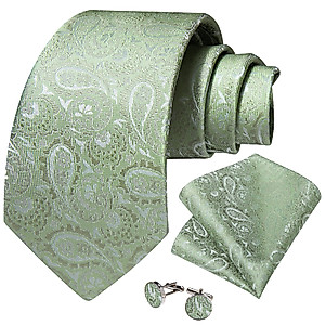 DiBanGu Men Light Green Floral Tie Sage Green Paisley Tie Pocket Square Set Silk Wedding Prom