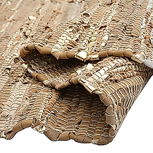 Leather Multi Rug Hand Woven and Hand Stiched, Made of Genuine Leather Strips, Fringe Trim, Durable, Stain Resistant, Leather Chindi Rug, Living Room Leather Rug, Eco Friendly - Beige 36x48 Inch