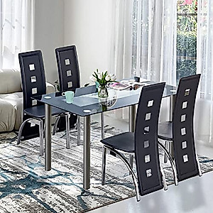 HomVent Dining Table Set for 4, Small Tempered Glass Dining Room Table Set, Kitchen Table and Chairs for Small Spaces, Transparent,White Modern 110cm, Stainless Steel PU Leather (Transparent & Black)