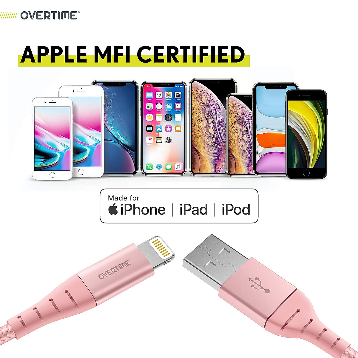 overtime iPhone Charger Set, Apple MFi Certified Lightning Cable with Dual USB Wall Adapter 2.4 AMP Compatible w/iPhone 11 Pro Max XS XR X 8 7 6S 6 Plus SE AirPods iPad (Rose Gold/Rose Gold, 10ft)