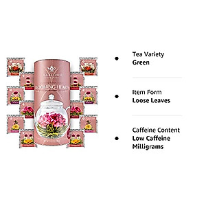 Teabloom Heart-Shaped Flowering Teas – 12 Assorted Blooming Tea Flowers – Green Tea + Jasmine, Pomegranate, Strawberry, Rose, Litchi & Peach