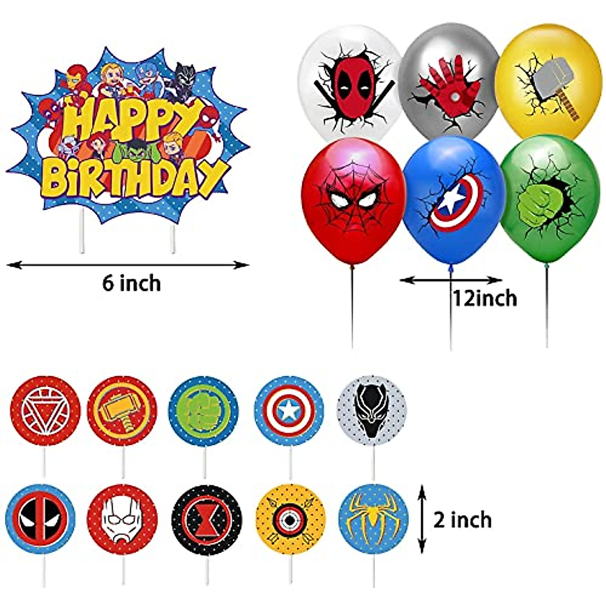 Superhero Party Supplies,Avengers Birthday Decoration-Superhero Birthday Party Banner,Superhero Balloons,Toppers Cake Toppers,6 Pcs Avengers Large Foil Balloons for Kid's boy Themem Party(44PCS)