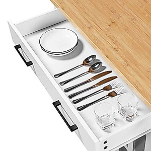 Yaheetech Kitchen Island on Wheels with Drawers, Rolling Kitchen Cart with Tempered Glass Storage Cabinet Door, Bamboo Top, 2 Tiers Shelves, and Towel Rack, 40x18x36 Inches, White