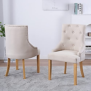 nozama Upholstered Dining Chairs Set of 2 Elegant Tufted Fabric Parsons Chair with Solid Wood Legs (Dark Beige)