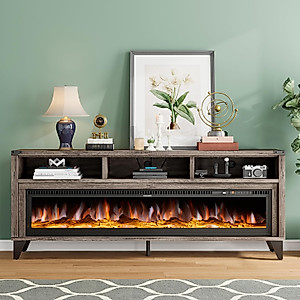 LUXOAK 65“ Fireplace TV Stand, Farmhouse Entertainment Center with 60" Tempered Glass Electric Fireplace, Industrial Media Console with Open Storage Space for TVs up to 75", Light Gray