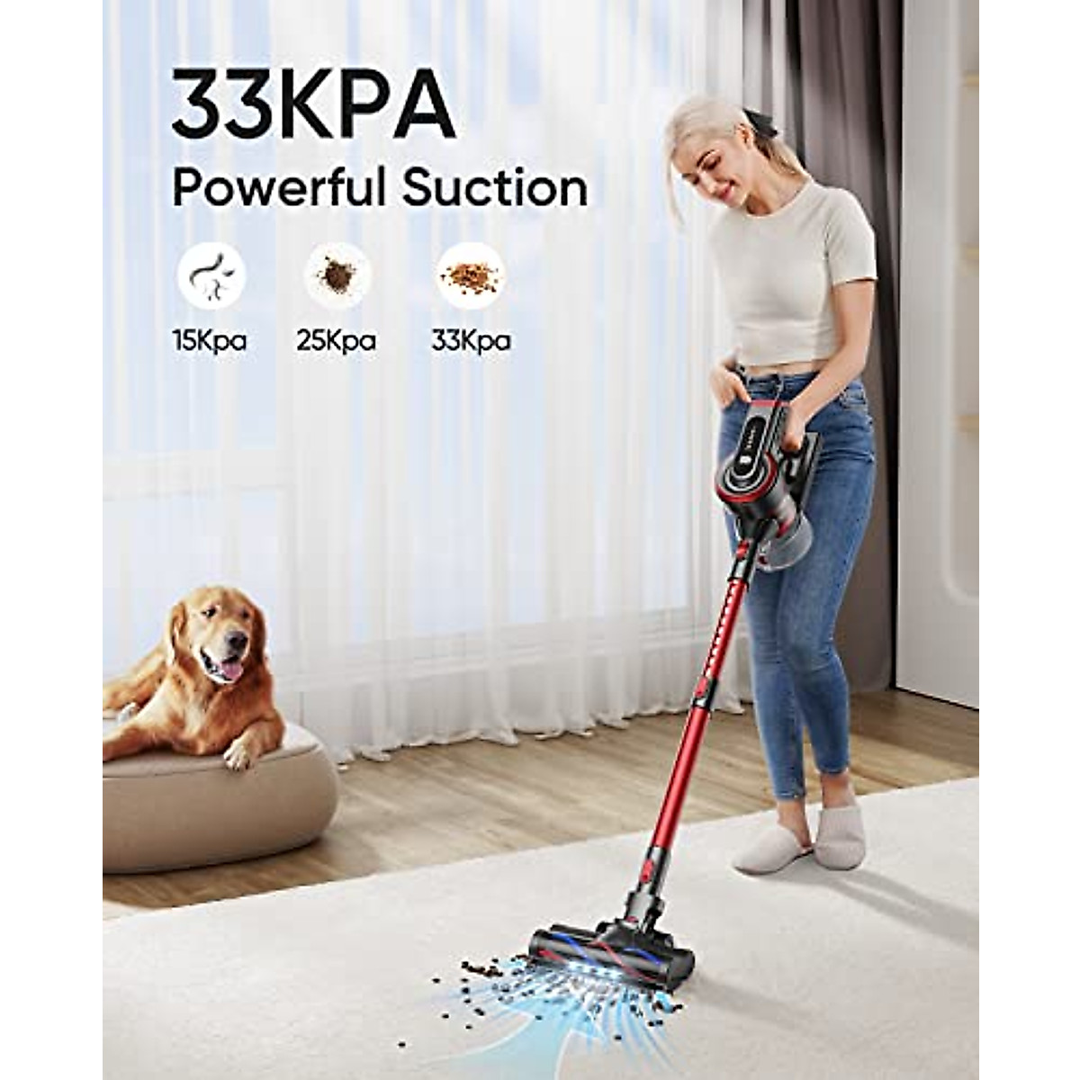 WLUPEL Cordless Vacuum Cleaner, 33kPa Stick Vacuum Cleaner, 400W Powerful Handheld Vacuum with LED Touch Display, 55mins Runtime for Pet Hair, Carpet and Hardwood Floor(Hero 8 Pro)