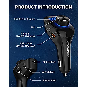 NECESPOW Bluetooth FM Transmitter for Car, Bluetooth 5.0 Car Adapter w/AUX Cable, MP3 Player Wireless Radio Receiver Car Kit Support 48W(USB-C PD+QC3.0)/AUX/TF Card/U-Disk