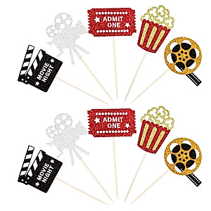 30 PCS Movie Cupcake Toppers Glitter Movie Night Roll Camera Popcorn Cupcake Picks for Hollywood Theme Baby Shower Kids Birthday Party Cake Decorations Supplies