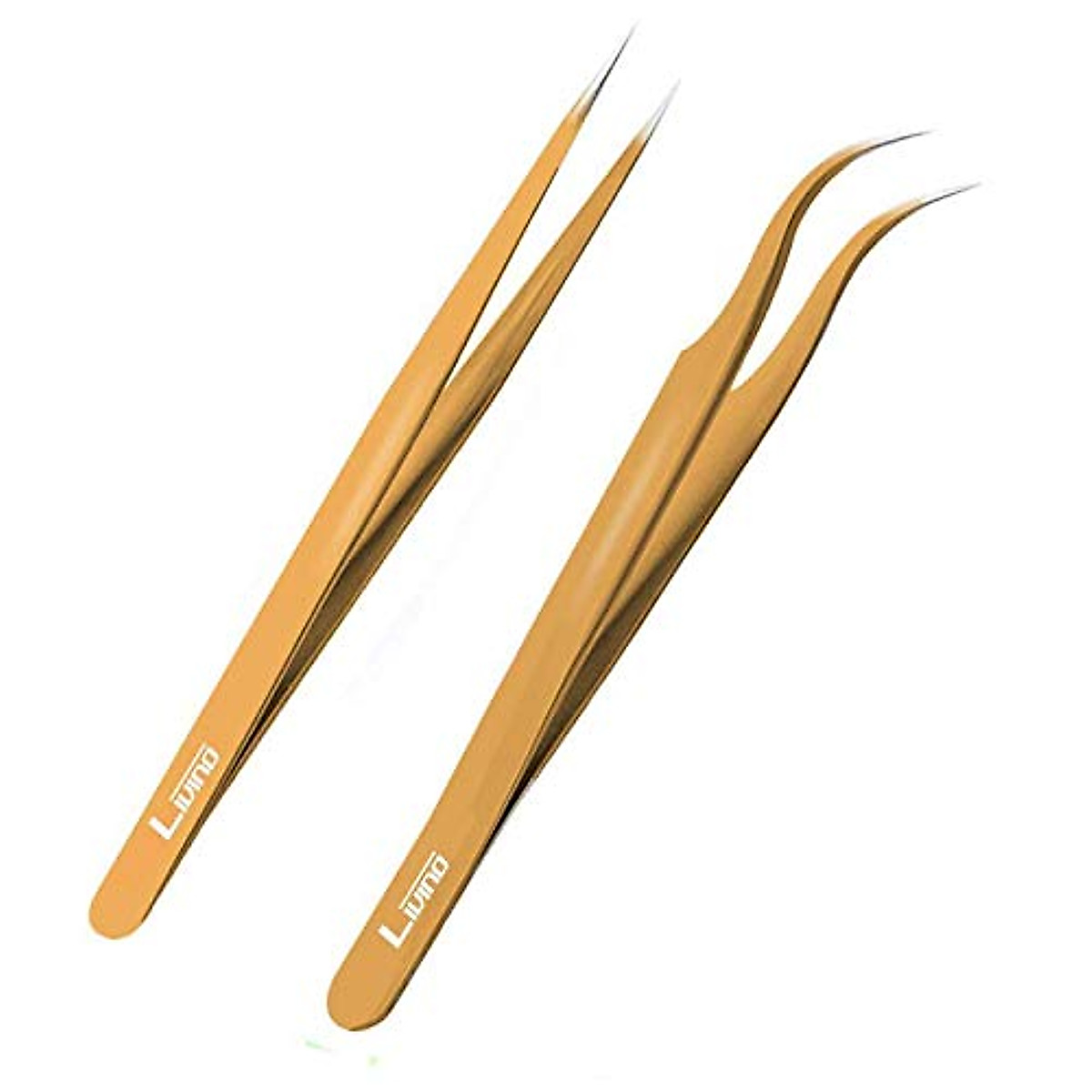 LIVINO Eyelash Extension Tweezers Straight - Set of 2 Stainless Steel Extension Tweezers with Curved Tip - Eyelash Extension Supplies Nipper for Eyelash Extensions Eyelash Tweezers