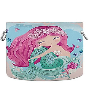 MNSRUU Storage Basket 20"x14" Little Lovely Mermaid Princess Round Storage Organizer Basket with Handles, Fabric Nursery Laundry Basket Large Capacity