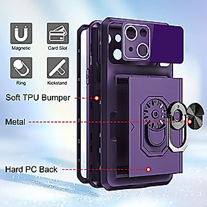 Vofolen for iPhone 13 Case Wallet Cover Credit Card Holder ID Slot Sliding Door Hidden Pocket with 360°Swivel Kickstand 3 in 1 Hybrid Bumper Rugged Phone Case for iPhone 13 6.1 inch 5G GreyPurple