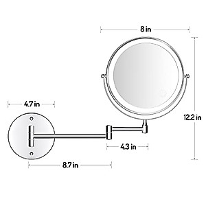 Rocollos Rechargeable Wall Mounted Lighted Makeup Mirror Chrome, 8 Inch Double-Sided LED Vanity Mirror 1X/10X Magnification,3 Color Lights Touch Screen Dimmable 360°Swivel 13 Inch Extendable