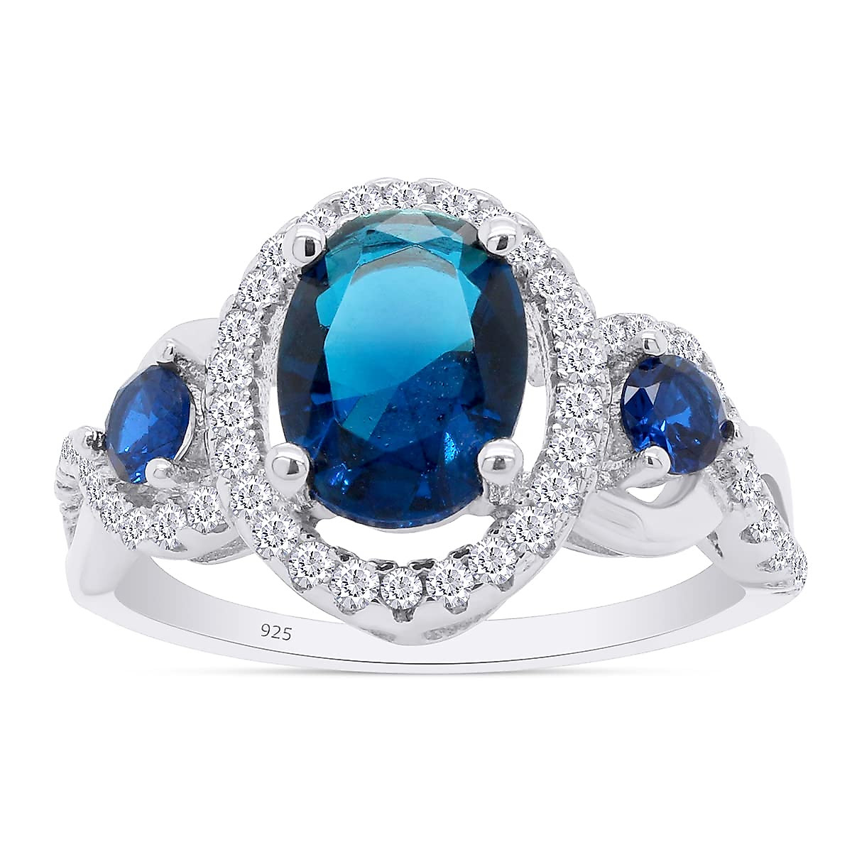 SAVEARTH DIAMONDS Three Stone, Oval Cut 8x6MM Center, Round Cut Simulated Blue Sapphire And White Cubic Zirconia Infinity Oval Halo Engagement Ring In 14k White Gold Over Sterling Silver Size-8
