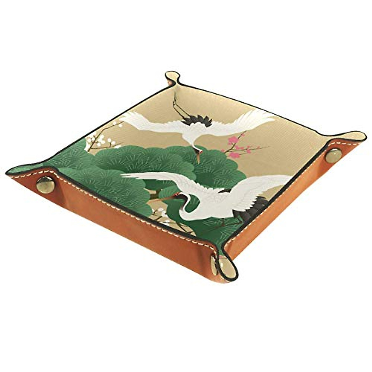 Lyetny Japanese Crane Birds Organizer Tray Storage Box Bedside Caddy for Men Key Wallet Watch and Coins Dice Holder,20.5x20.5cm