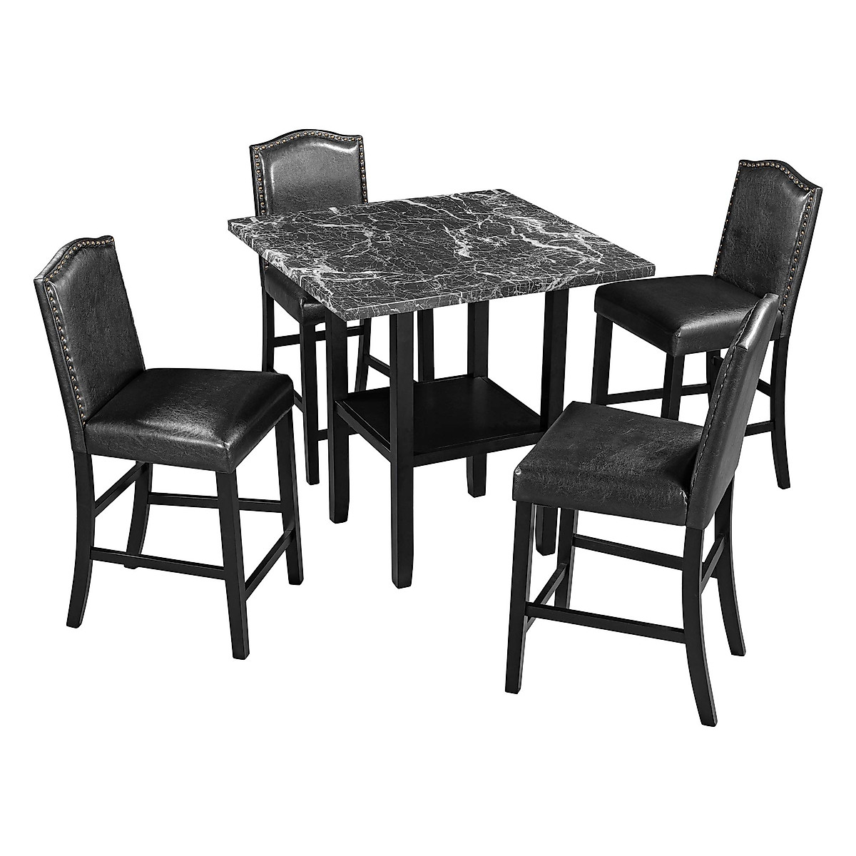 BIADNBZ 5-Piece Dining Table Set with Faux Marble Veneer Square Tabletop w/Bottom Shelf and PU Leather, Modern Wooden Kitchen Furniture, Black Chair+BlackTable