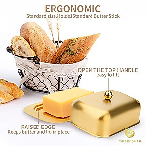 Snailhouse Butter Dish, Stainless Steel Covered Butter Holder Container Tray Storage with Handle Lid for Countertop, Gold
