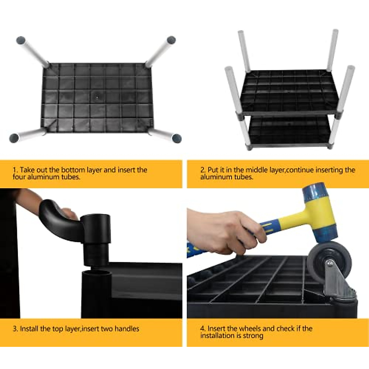 PELOEMNS Plastic Utility Carts with Wheels, Heavy Duty 480lbs Capacity Rolling Service Cart, 3-Tier Restaurant Food Cart with Hammer for Office, Warehouse, Garage (Lockable Wheels, Black)