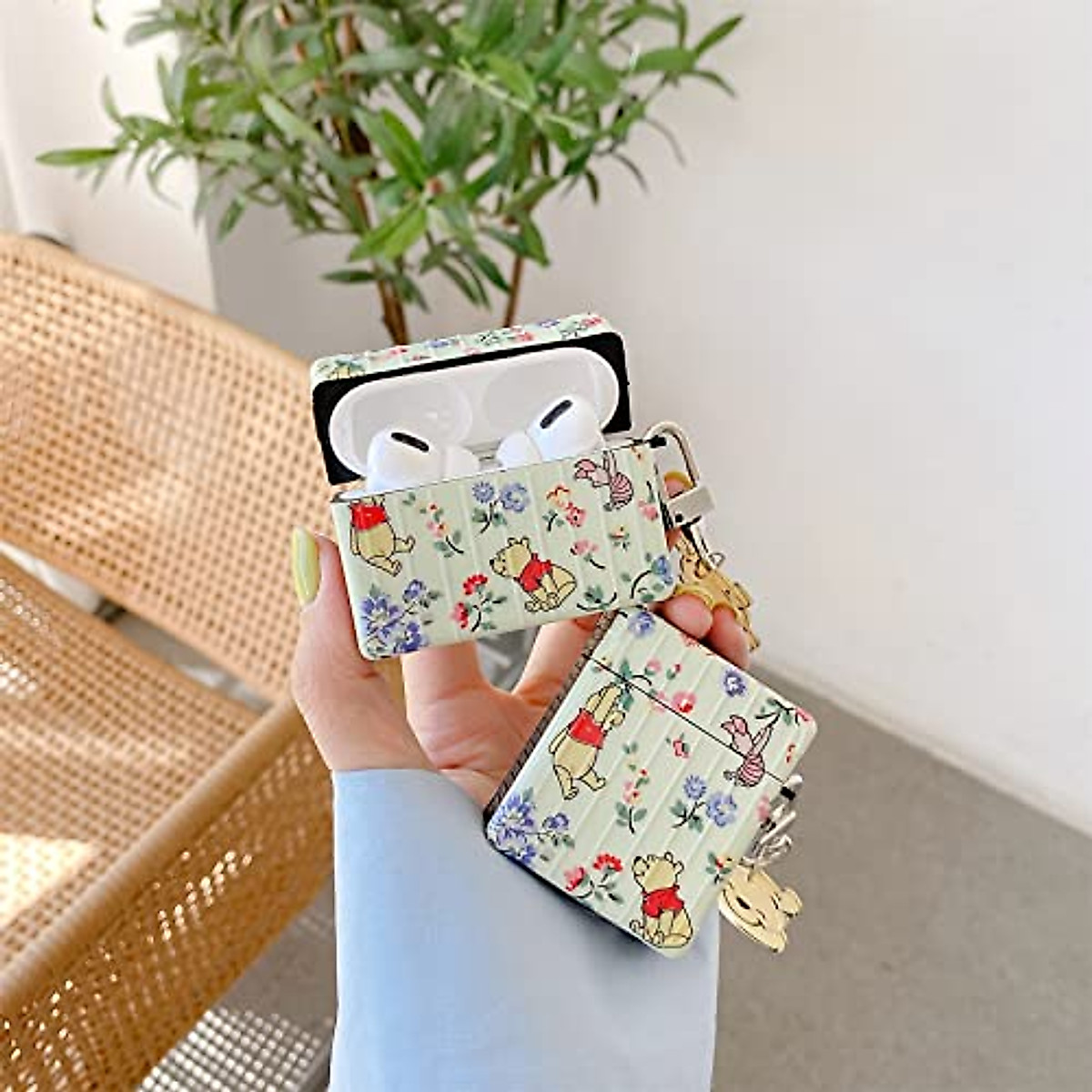 Soft TPU Case with Keychain and Charm for Apple AirPods Pro 2019 Model Winnie The Pooh Piglet Yellow Bear Pink Pig Flower Floral Cartoon Cute Lovely Kids Girls