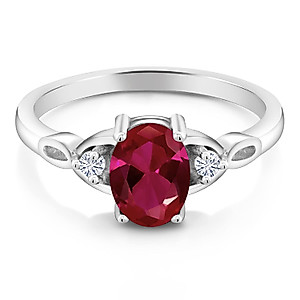 Gem Stone King 925 Sterling Silver Red Created Ruby and White Moissanite 3-Stone Rings For Women (1.43 Cttw, Gemstone July Birthstone, Oval 8X6MM, Available In Size 5, 6, 7, 8, 9)