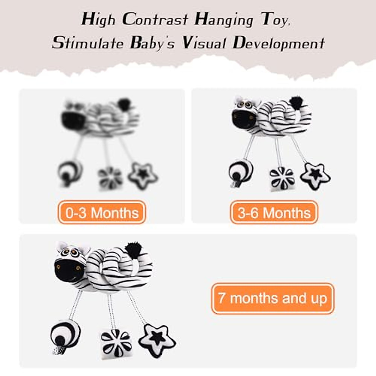 vocheer High Contrast Baby Toys for Newborn, Black and White Hanging Toy Car seat Crib Move, Animal Circle Plush Stroller Toy, Squeak Travel Activity Wind Chimes 0-6 Months (Zebra)
