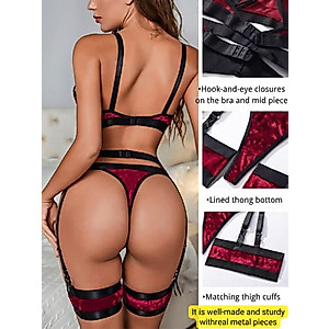 Kaei&Shi Garter Belt Thong Lingerie for Women,Strappy Hollow Out Sexy Lingerie,Underwire Mesh Sheer Matching 4 Piece Lingerie Set Valentine Day Red Velvet Medium
