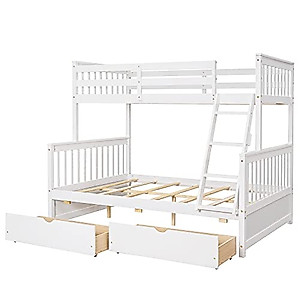 Harper & Bright Designs Bunk Bed with Drawers, Twin Over Full Bunk Bed, Solid Wood Bunk Bed Frame with Ladders & 2 Storage Drawers, Bedroom Furniture(White, Twin/Full with Drawers)