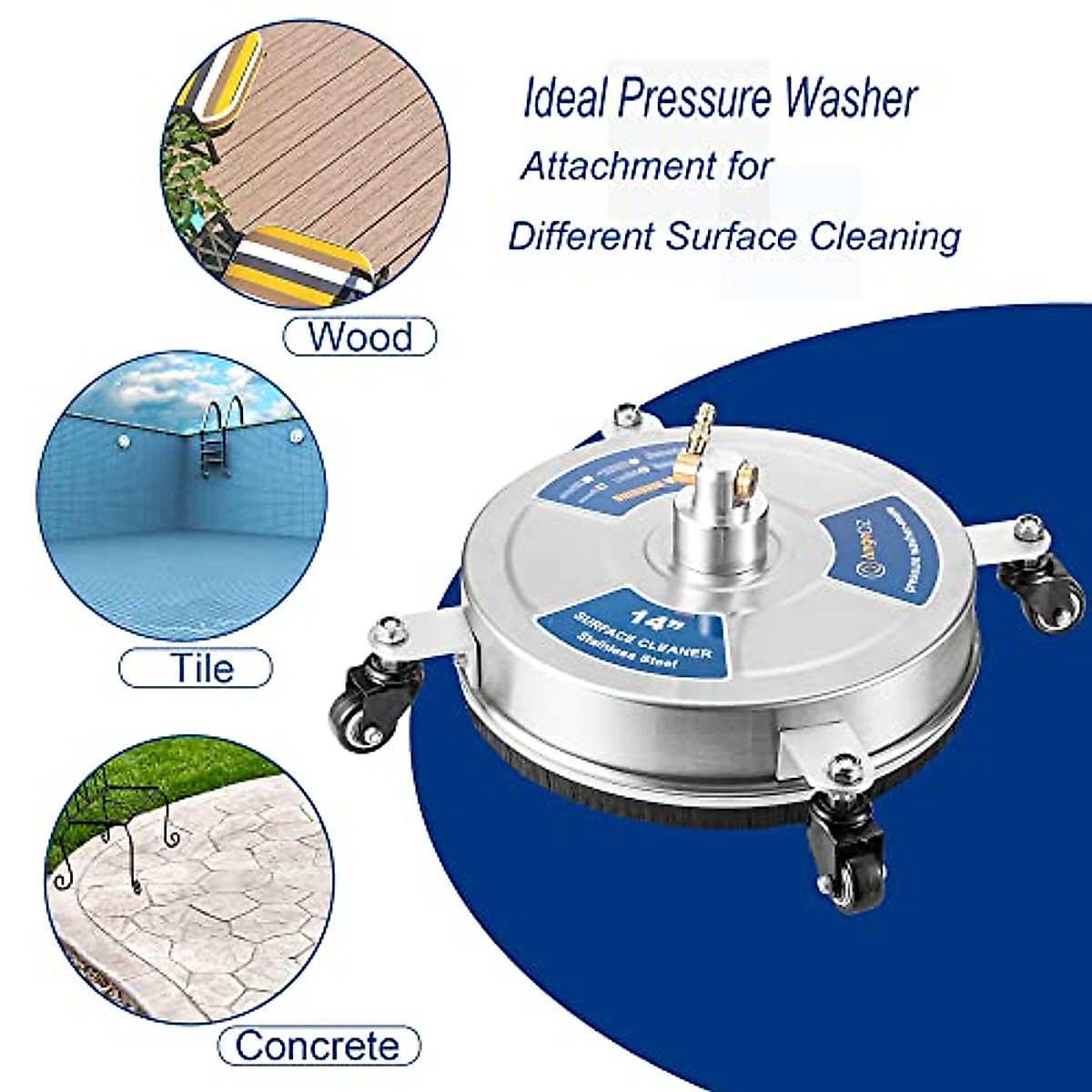 AngeDZ 14" Pressure Washer Surface Cleaner with 4 Wheels, 1/4" Quick Connect Plug, Sturdy Stainless Steel Power Washer Attachment for Concrete Driveway, Driven Flow Rate 1.8 GPM, Max 4000 PSI (Silver)