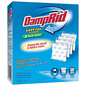 DampRid 10.5 oz Fragrance Free Absorber Easy Fill Refill Packs-4 Count – Attracts & Traps Moisture for Fresher, Cleaner Air, Blue/White