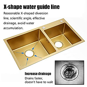Gold Kitchen Sink, Double Bowl Bar Sink, 304 Stainless Steel Nano-Coated, with Gold Sink Stopper and Drain Strainer, Drop-In or Undermount, 29.5” x15.7”