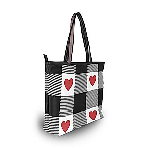 Tote Bag with Zipper for Women Valentines Black Buffalo Check Plaid Handbags Pockets Shoulder Bag Work Large Travel