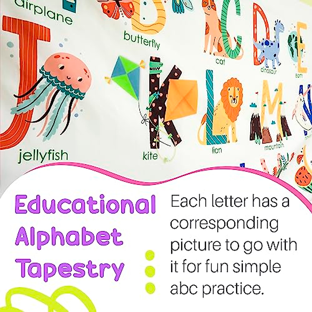 Birdy Boutique Learning Tapestry - Alphabet Pictures - Lightweight & Easy to Hang - Wall Hanging Canvas for Bedroom, Nursery, Classroom – 72" X 28"