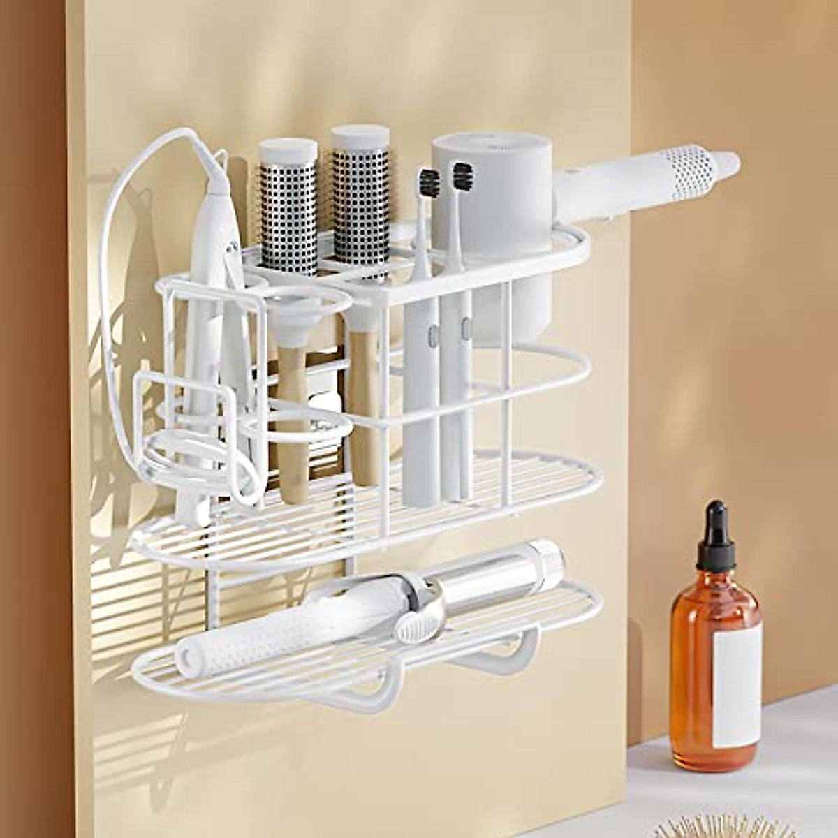 dpityserensio Hair Dryer Holder, Hair Tool Organizer, Wall Mount Metal Iron Blow Dryer Organizer, Bathroom Organizer Rack, Storage Basket for Comb, Curling Wands, Flat Irons (white)