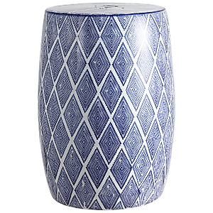 JONATHAN Y TBL1019A Moroccan Diamonds 18" Ceramic Drum Garden Stool, Coastal, Contemporary, Transitional, Side Table, Plant Stand, Spill-Proof, Living Room, Garden Room, Patio, Blue/White