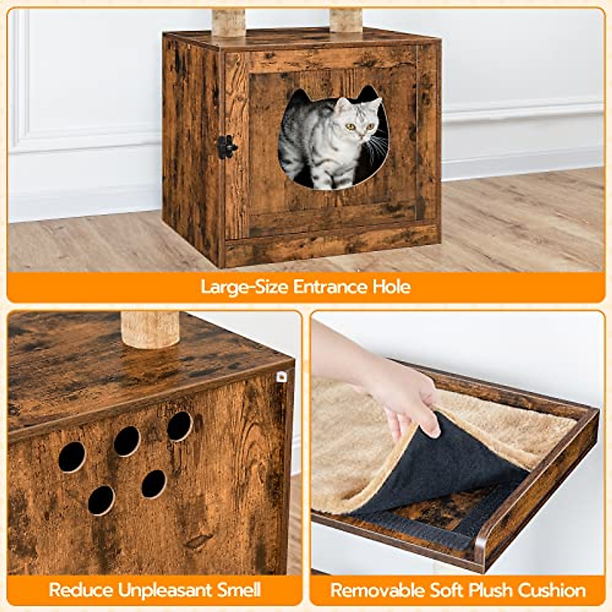HOOBRO Litter Box Enclosure with Cat Tree Tower, Litter Box Furniture Hidden with Cute Entrance, Private Washroom with Sisal Scratching Posts, Cat Head Door and Large Platform, Rustic Brown BF11MW03