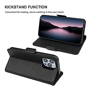 Bocasal Wallet Case for iPhone 14 Pro 5G, Genuine Leather Support Wireless Charging RFID Blocking Flip Case Card Slots Holder, Kickstand Book Folding Folio Cover with Wrist Strap 6.1 Inch(Black)