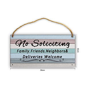 Harooni Funny No Soliciting Sign for House 12 x 6 Inches Welcome Sign for Front Door No Soliciting Family Friends Neighbors & Deliveries Hanging Wooden Sign for Home Porch Yard House Warming