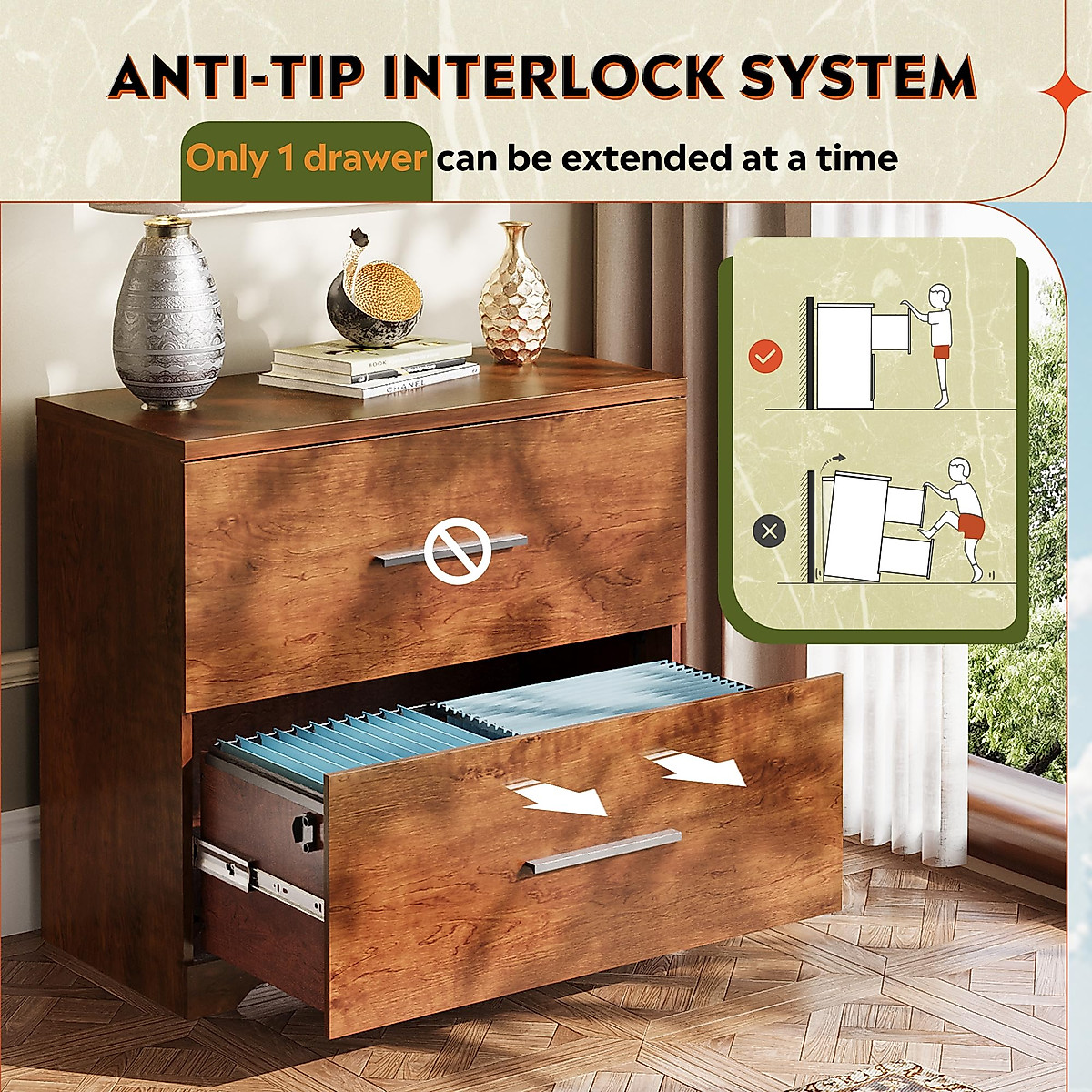 DEVAISE 2 Drawer Wood Lateral File Cabinet with Anti-tilt Mechanism, Storage Filing Cabinet for Home Office, Walnut