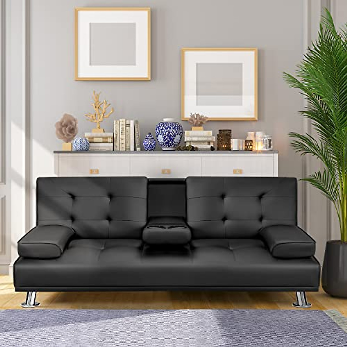VICTONE Futon Sofa Bed Modern Faux Leather Couch Bed Convertible Folding Recliner for Living Room with 2 Cup Holders and Armrest (Black)