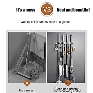 YYTONG Broom and Mop Holder, Wall Mounted Broom Holder, Stainless Steel Mop Holder, Self Adhesive Heavy Duty Hooks Storage Organizer for Laundry Room Garden Garage Closet Kitchen (3 Racks 4 Hooks)