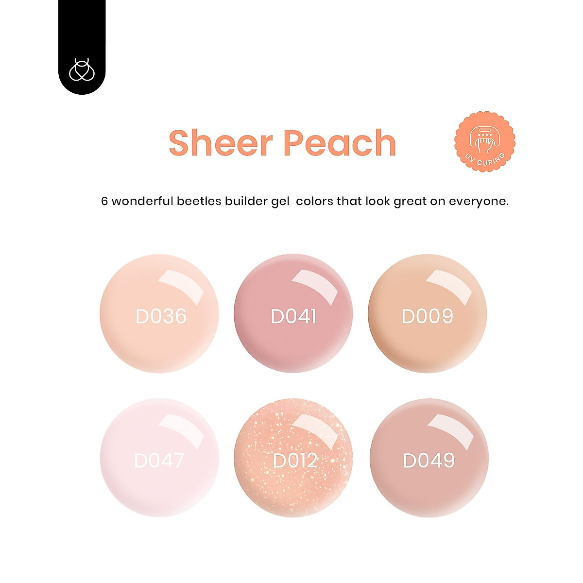 Beetles Builder Gel 6 Colors, 8 in 1 Strengthener Jelly Gel Time to Relax Sheer Peach Clear Builder Nude Pink Skin Tone for All Hard Gel Extension Base Nail Gel False Nail Tips Glue