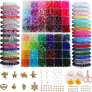 Glass Beads for Jewelry Making, 1280pcs + 8mm 48 Colors Round Crystal Glass Beads Bracelet Making Kit, Bead Starter Kit for Christmas Holiday Gifts