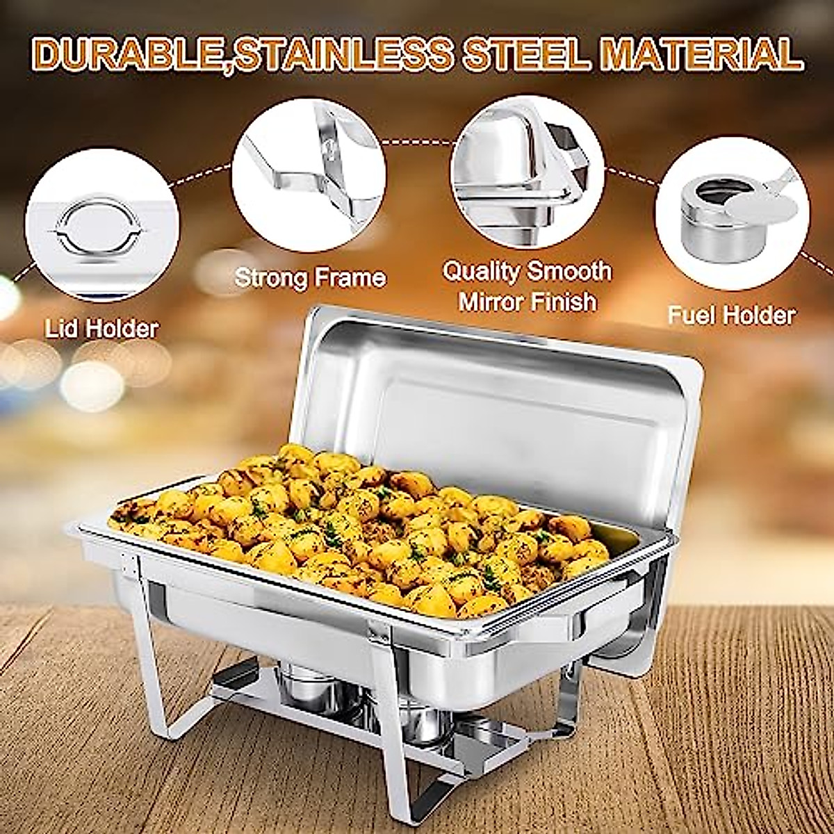 4 Pack Chafing Dish Buffet Set 8 Qt Stainless Steel Complete Chafer Set Catering Warmer Set with Water Pan, Fuel Holder for Parties, Dinners, Catering, Buffet and Weddings