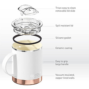 asobu Ultimate Stainless Steel Ceramic Inner Coating Coffee Mug with Double Walled Copper Lining Insulation,12 Ounces (White)
