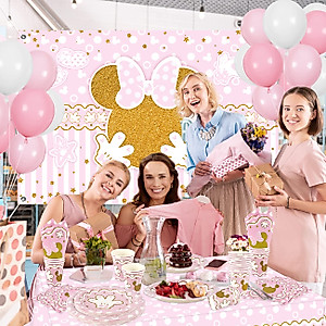 Haimimall Minnie Party Supplies Tableware Set Baby Shower Girl Minnie Theme Mouse Birthday Party Include Backdrop,Tablecloth,Plates,Napkins,Cups,Balloons Baby Shower Decorations Dinnerware Serve 20