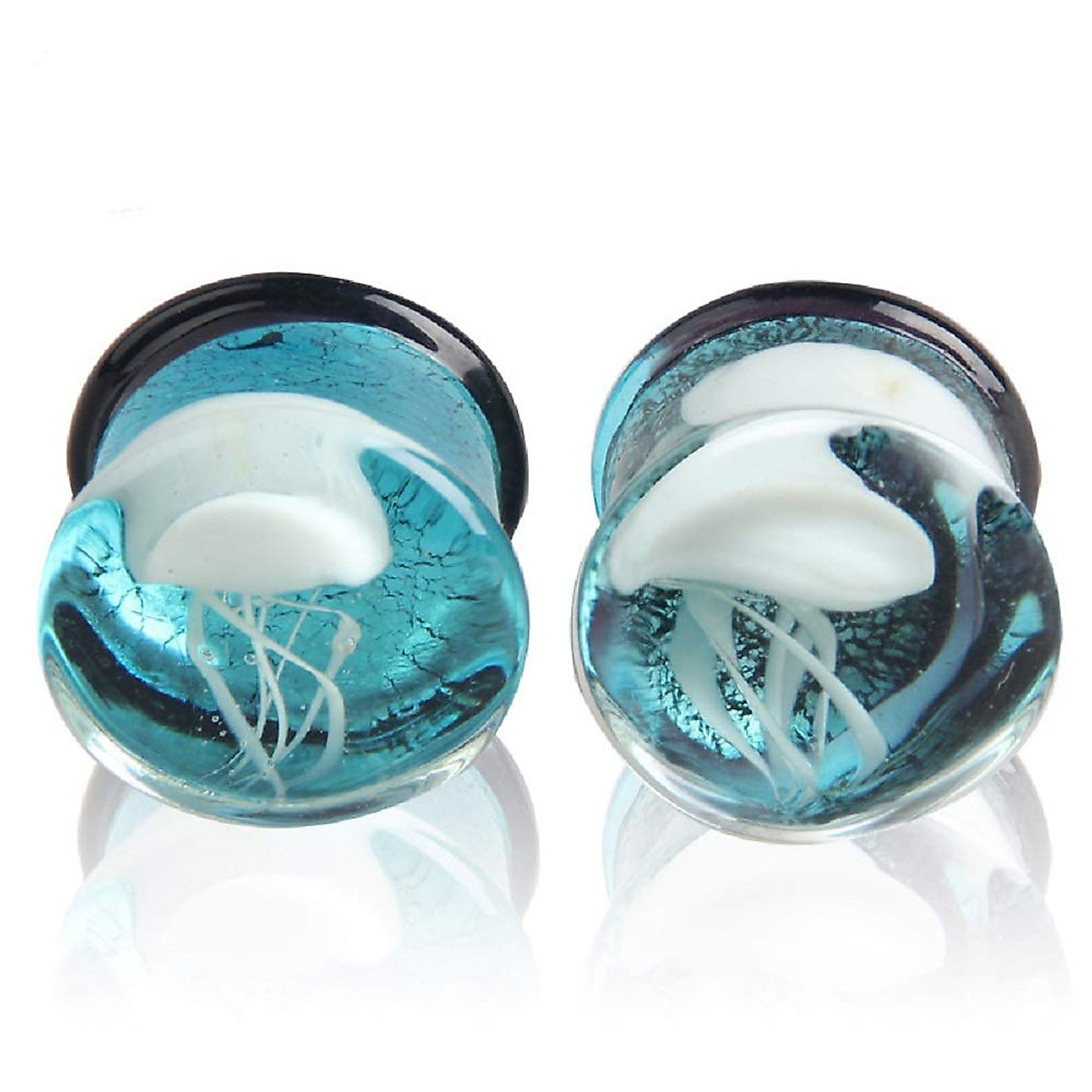 NewZenro Glass Ocean Jellyfish Ear Plugs Gauges Tunnel Expanders Stretcher Unique Earrings Double Flared Piercings Body Jewelry Blue Red Set (9/16"(14mm))